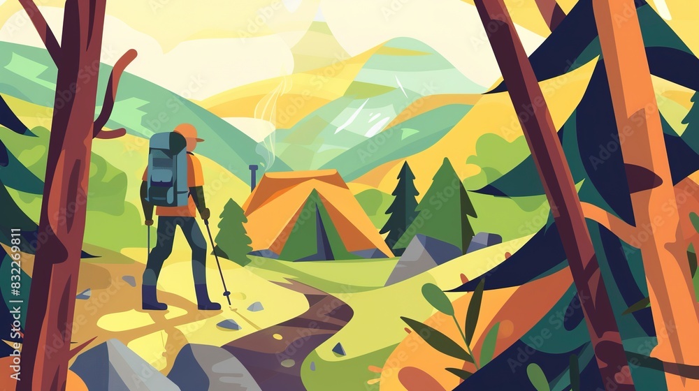 Hiking to camp artwork flat design front view trail adventure theme ...