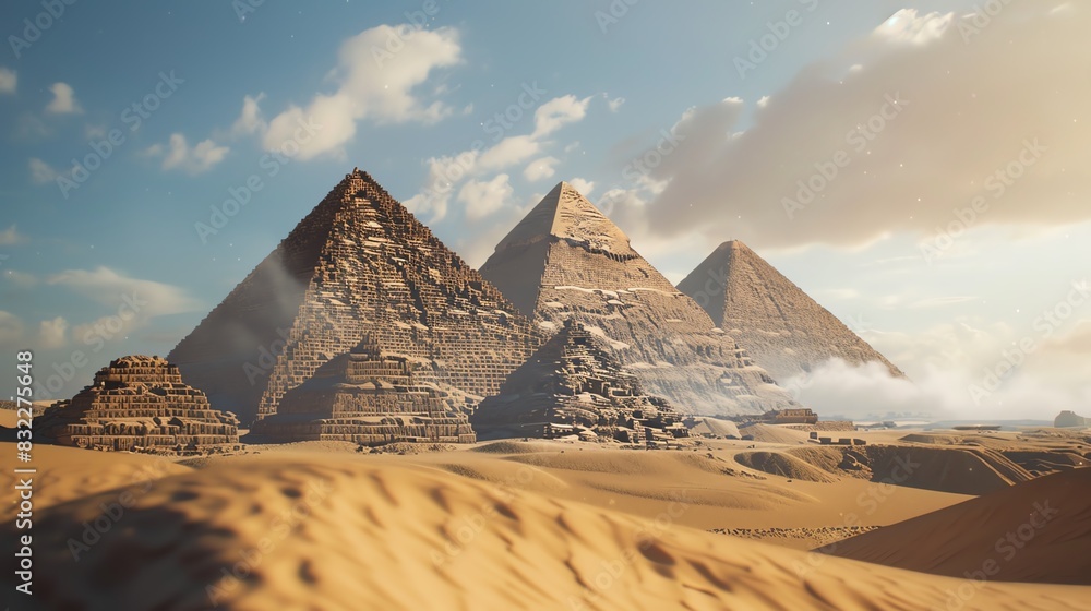 Beautiful Egyptian pyramids with sand dunes in the foreground, summer ...