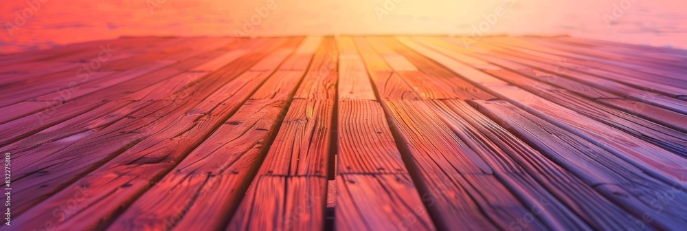 Warm, glowing colors of a sunset viewed from a wooden boardwalk ...