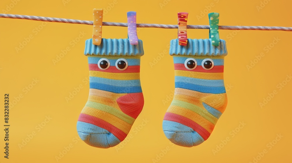 Adorable 3D Render of Two Colorful Cartoon Socks with Eyes and Mouths ...