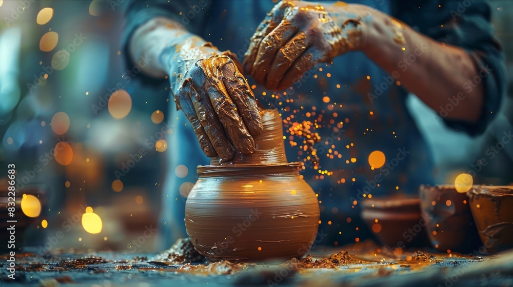 Artistic hands molding clay pot emphasizing creativity in pottery ...