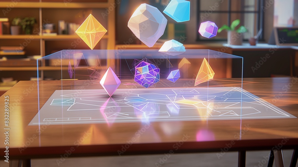 An AR-powered math lab where geometric shapes float above a smart table ...