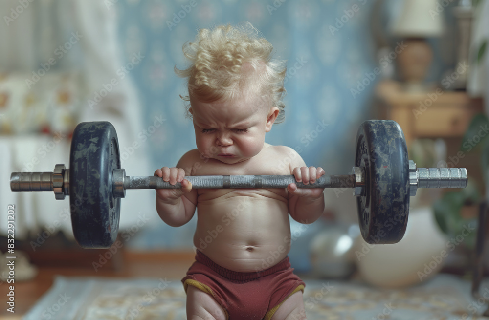 A powerful caucasian baby's face is scrunched up in a determined ...