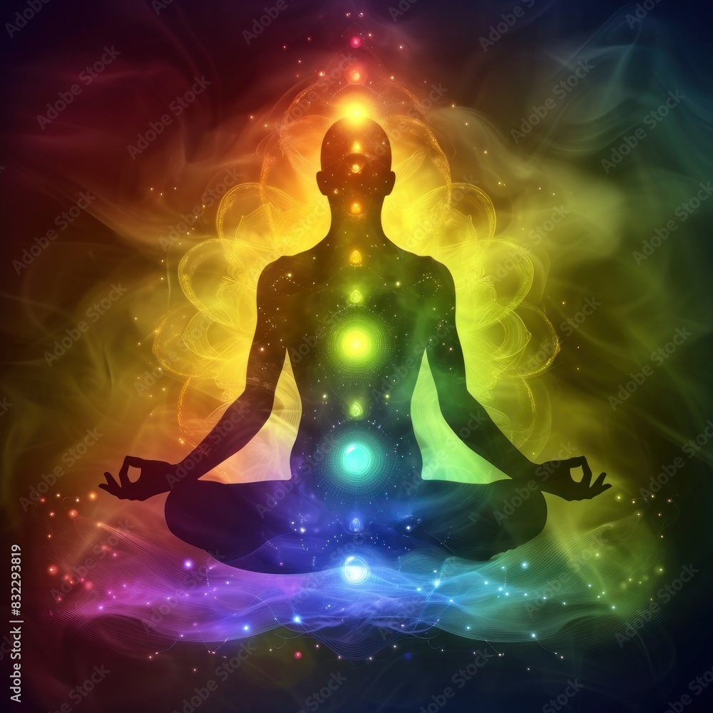 Human chakra system. illustration poster with yogi silhouette filled with cosmos background and ...