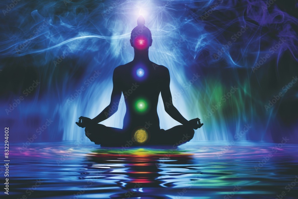 Human chakra system. illustration poster with yogi silhouette filled ...