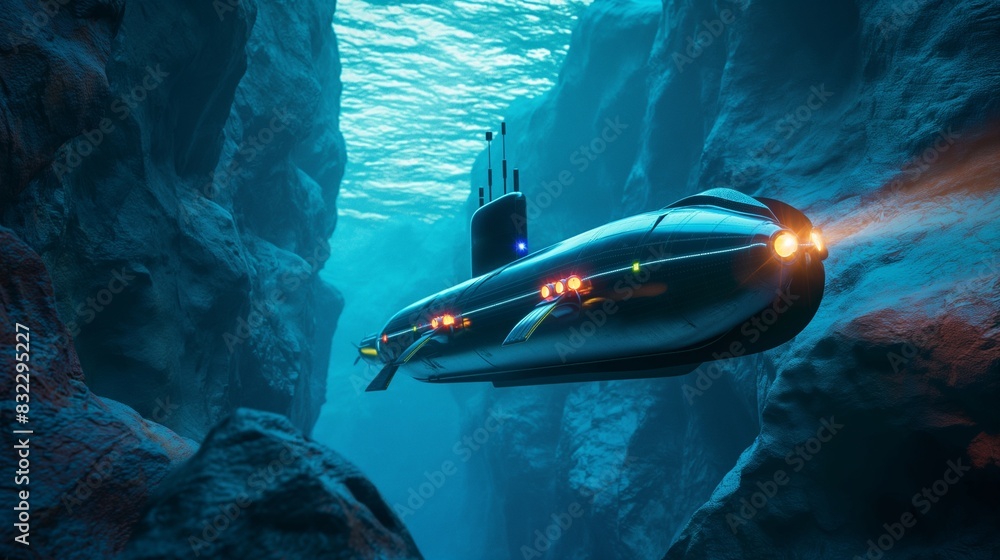 An autonomous submarine navigating through a deep-sea canyon, equipped ...