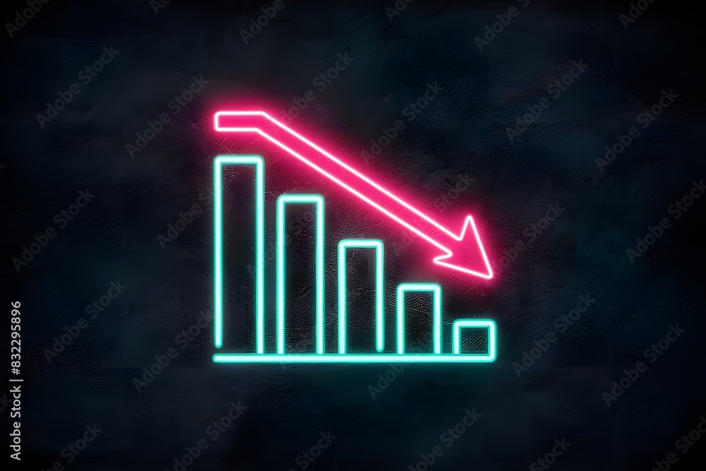 Neon declining bar chart with pink arrow on dark background Stock ...