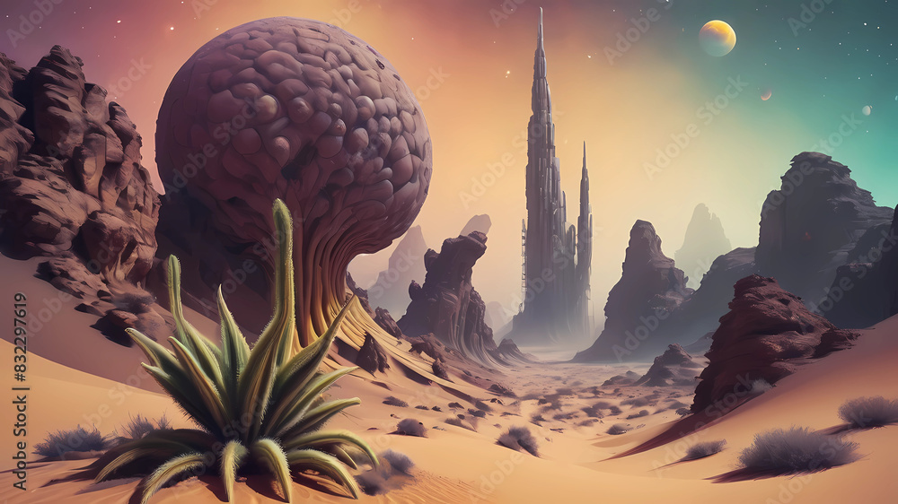create a surreal desert with alien plants, the plants are shaped like ...
