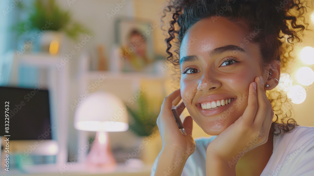 Skincare influencer with glowing skin, happily sharing her routine and ...