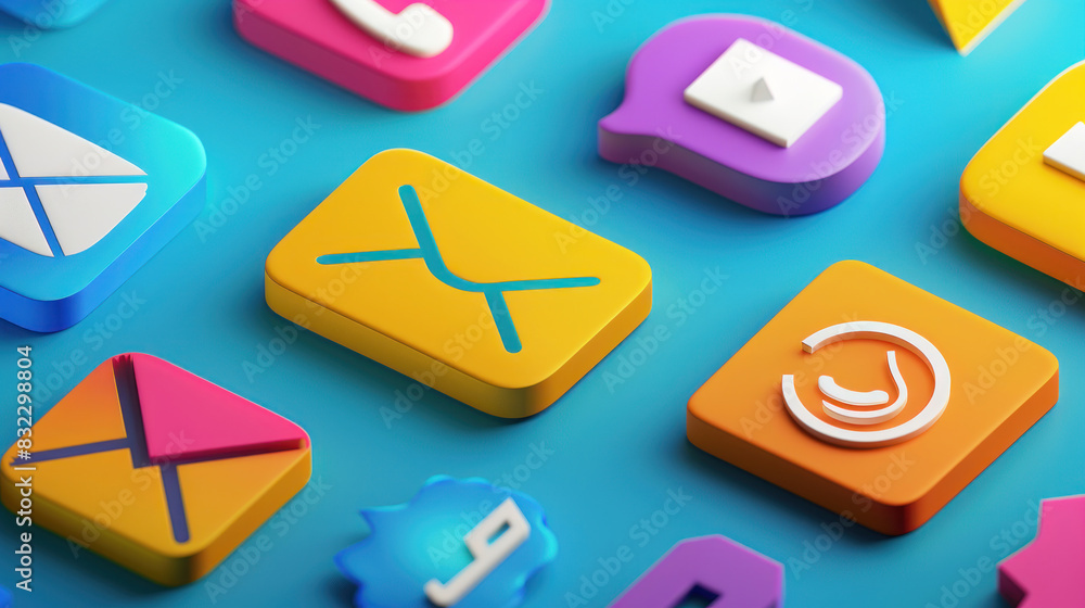 Vibrant series of communication symbols: speech bubble, email icon ...