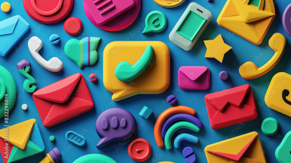 Vibrant series of communication symbols: speech bubble, email icon ...