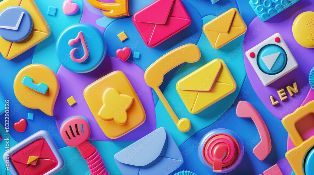 Vibrant series of communication symbols: speech bubble, email icon ...