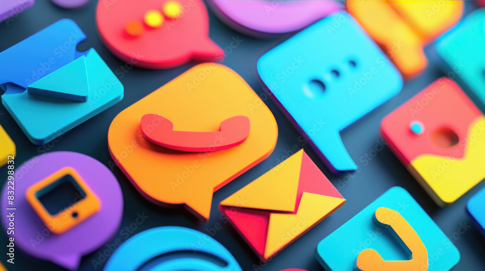 Vibrant series of communication symbols: speech bubble, email icon ...