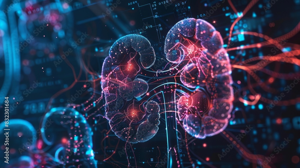 3D futuristic visualization of kidneys with scientific data in a dark ...