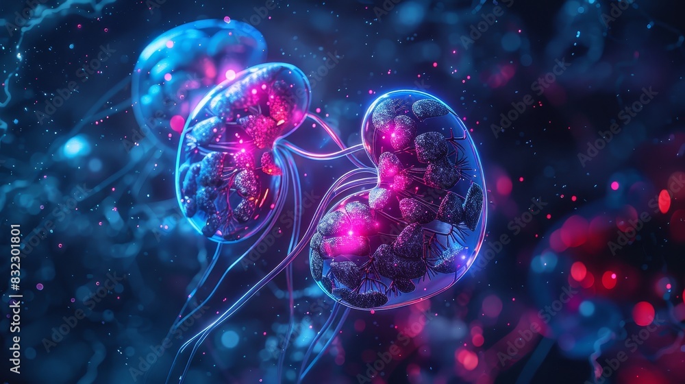 Scientific research illustration of kidneys in a 3D futuristic model ...