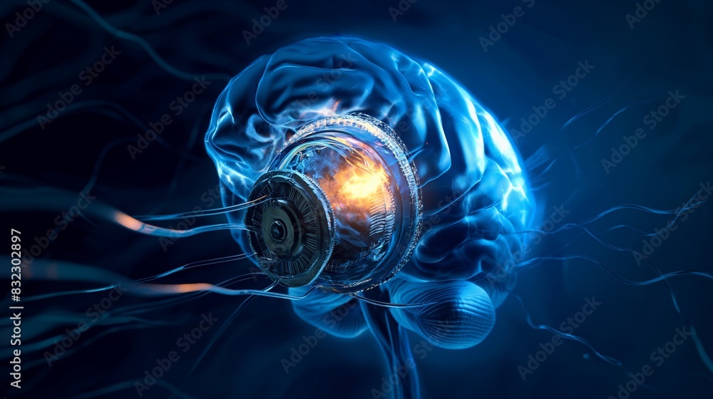 An MRI scan of a brain with a neural implant, highlighting the areas ...