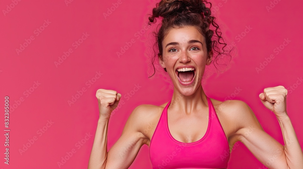 Cutest fitness model in a happy mood, showing excitement, isolated on a ...