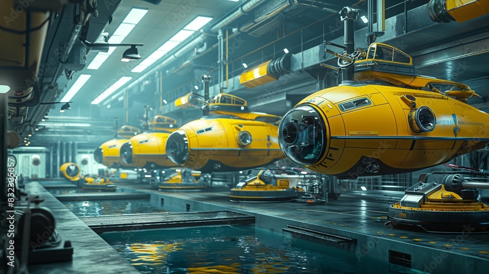 A deep-sea exploration vessel equipped with multiple submersibles, each ...