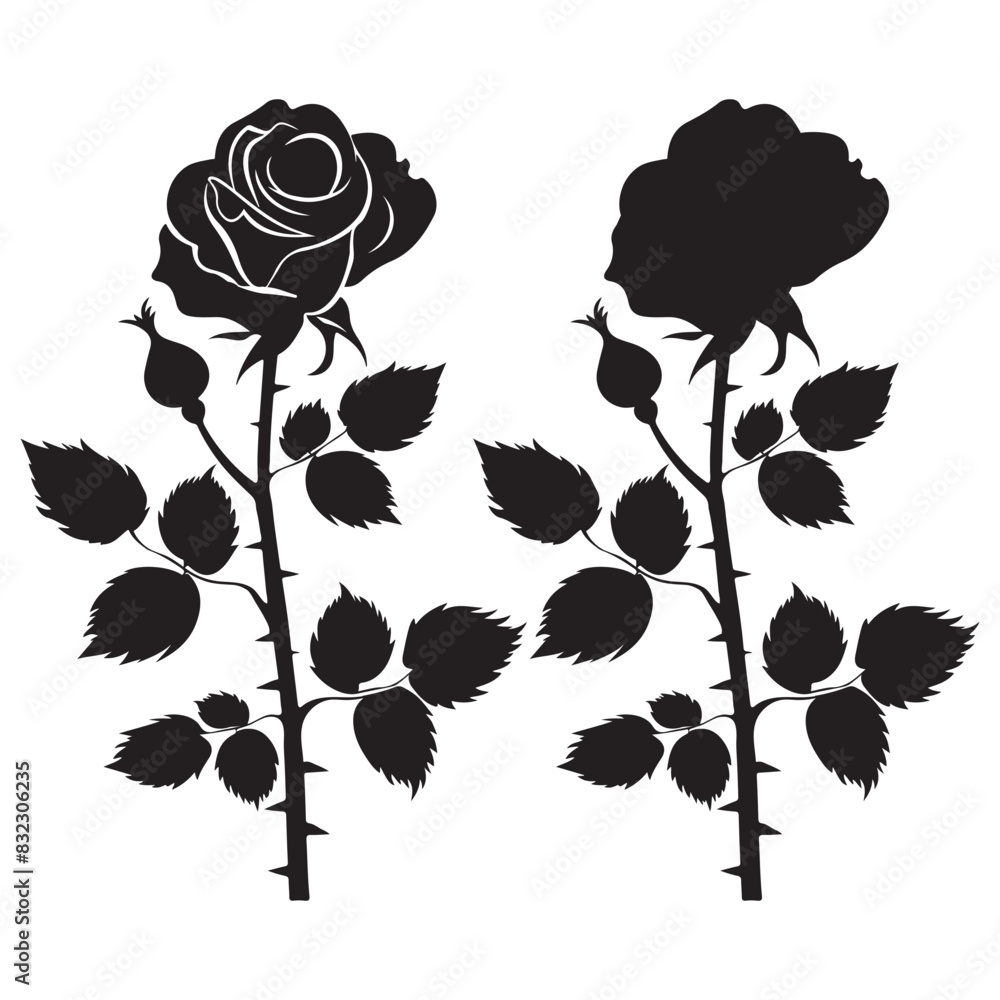 Rose silhouette. Decorative rose with leaves, Rose flower silhouette ...