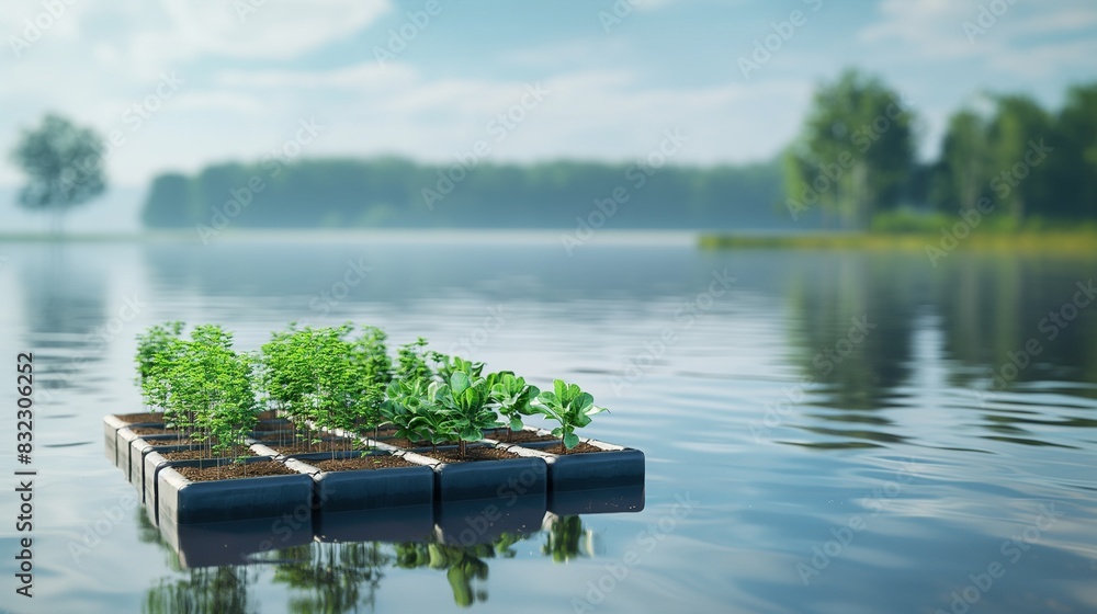 A depiction of a floating hydroponic garden system on the surface of a ...