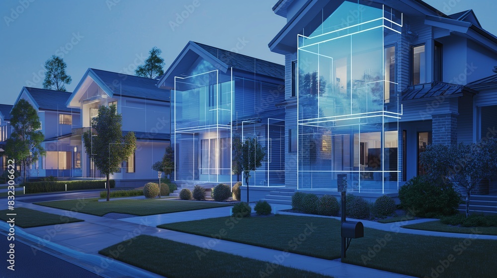 A depiction of a neighborhood with homes featuring smart glass windows ...