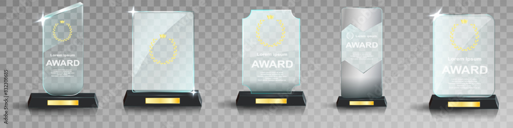 Glass award trophy set. Transparent prize template. Winner first place ...