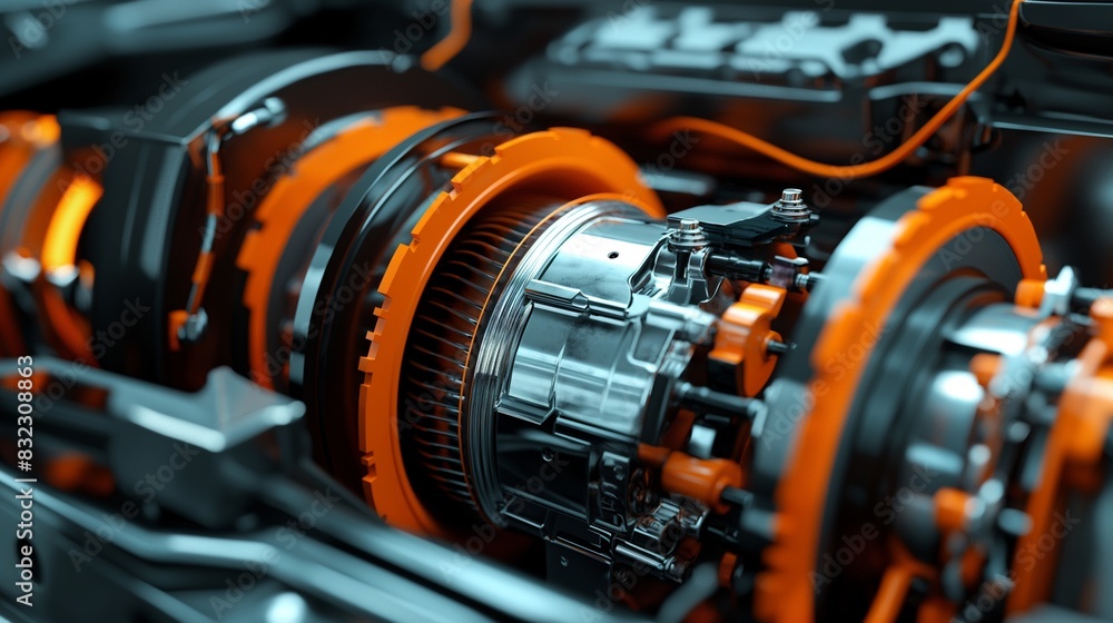 A detailed close-up of the electric motor inside an electric vehicle ...
