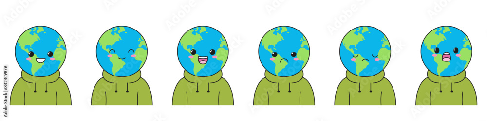 Character cartoon Earth set cute planet smile face happy joy sad scream ...