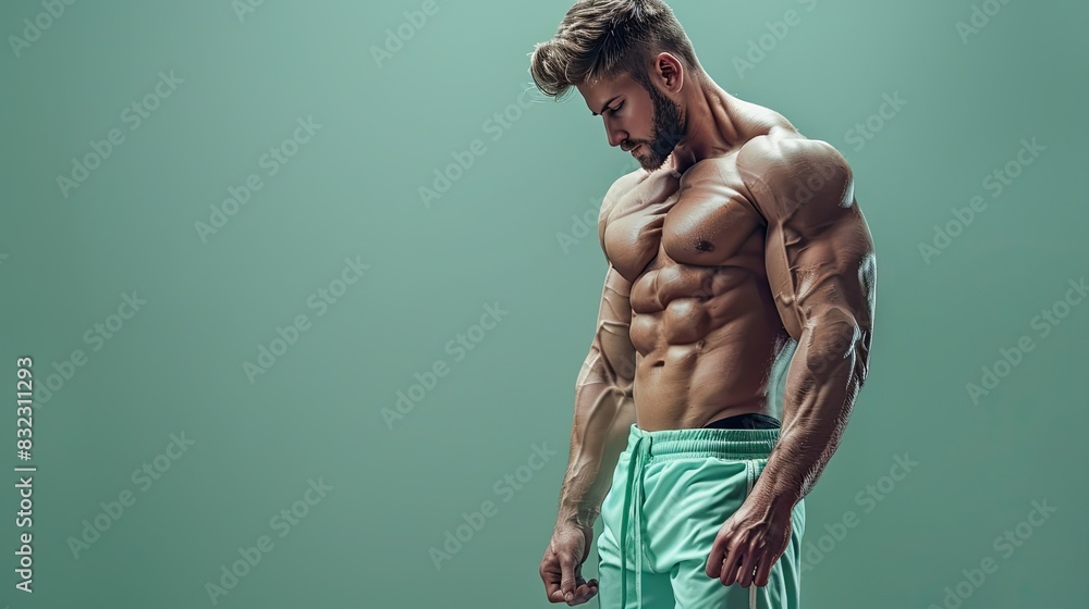 Male fitness model with lean muscles wearing seafoam green gym wear ...
