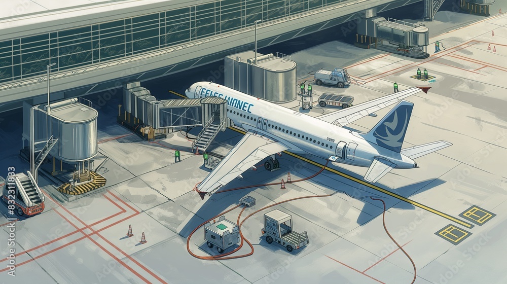 A detailed illustration of a fueling process at an airport, showing an ...