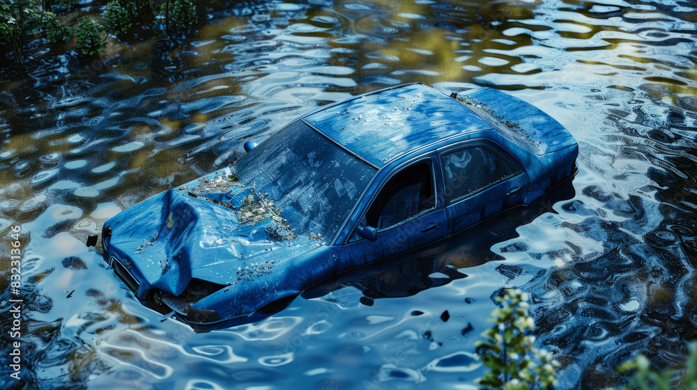 Blue car submerged in water canal after an extreme accident Stock Photo ...