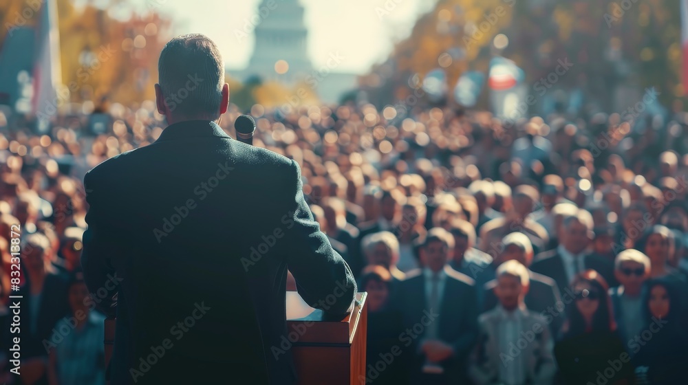 Speaker addressing a large crowd in an outdoor setting with a landmark ...