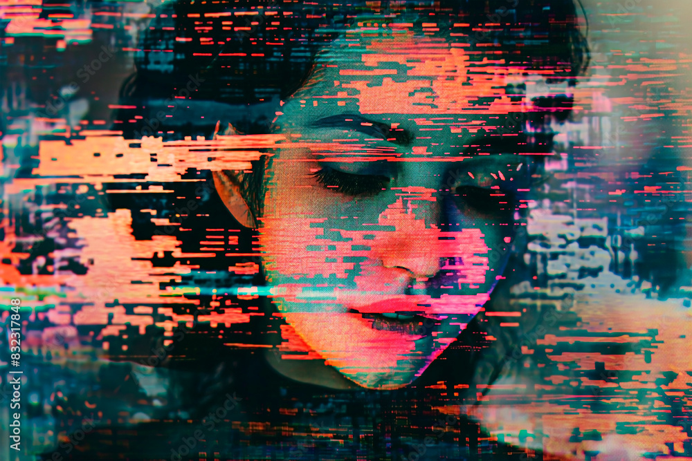 Contemporary aesthetic abstract art with glitched young woman's face ...