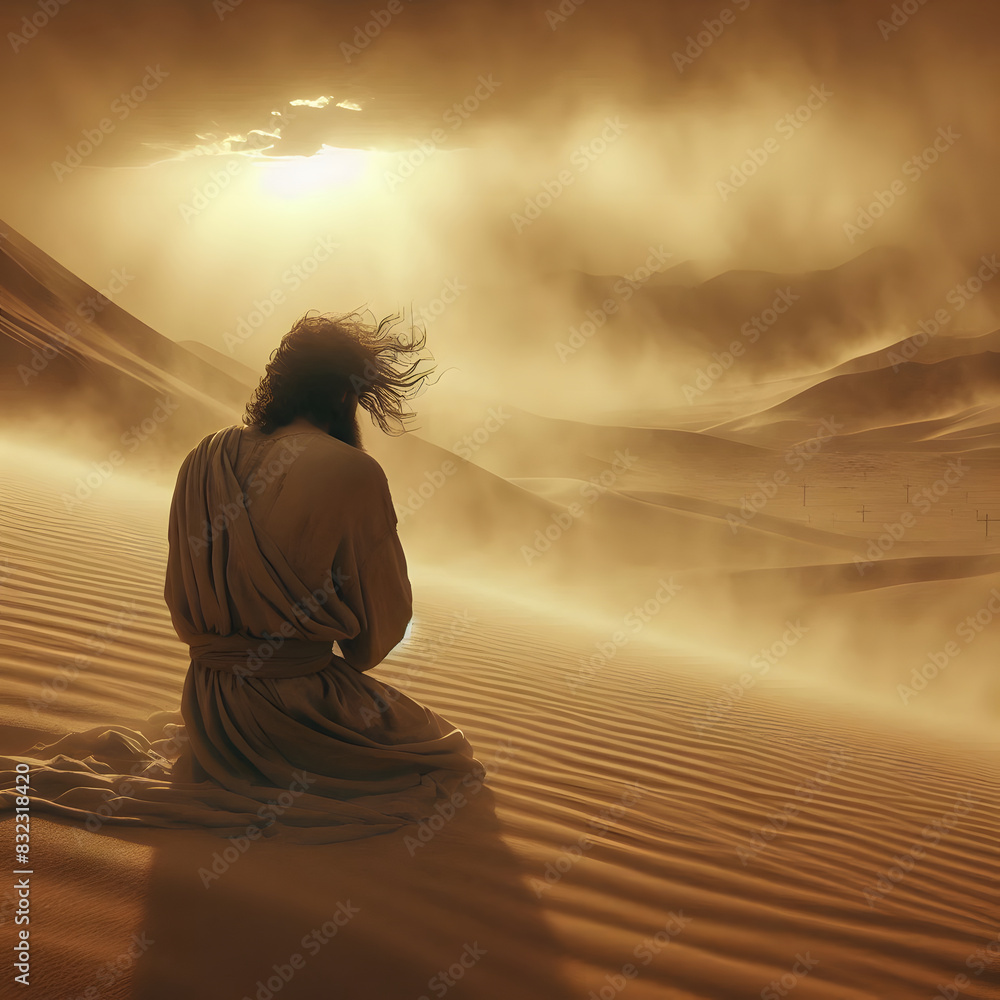 Jesus praying on desert Stock Illustration | Adobe Stock