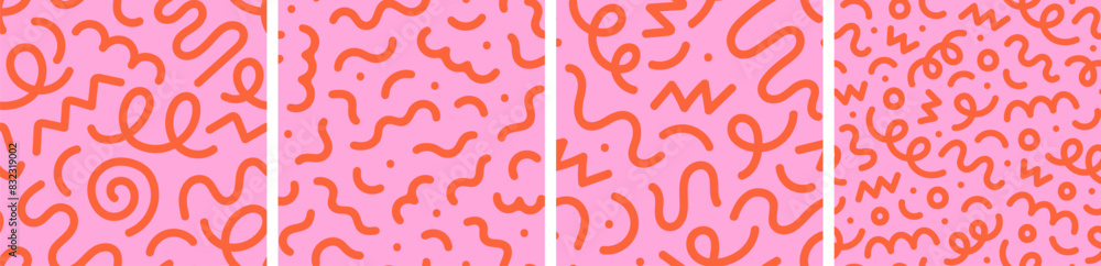 Fun red line doodle seamless pattern set. Creative abstract style art ...