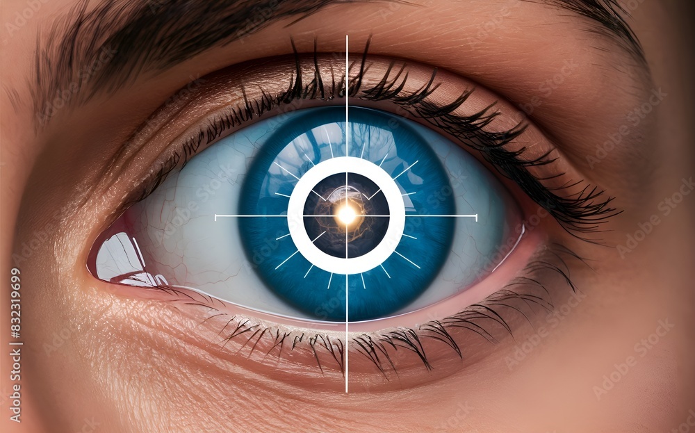 laser and glaucoma eye surgery concept, close up of eye with reticle or ...