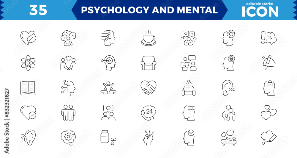 Psychology and mental line icons collection. Big UI icon set in a flat ...