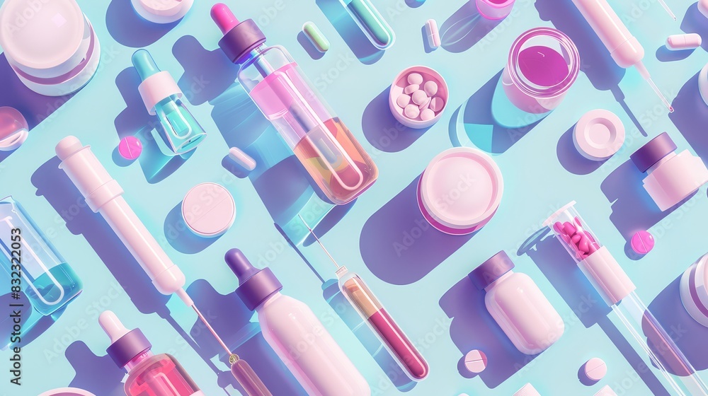 Flat design of an array of liquid medications and droppers, top view ...