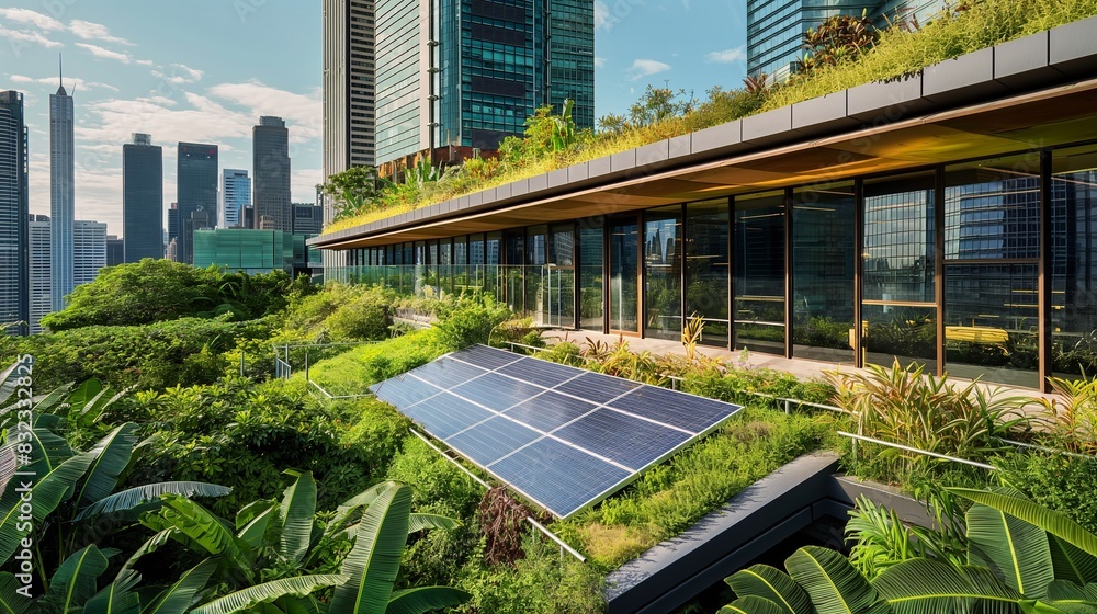 A modern office building featuring a lush green roof and solar panels ...