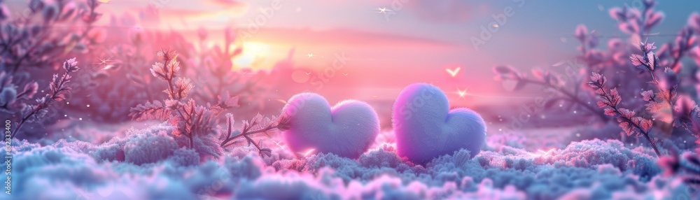 Romantic heart-shaped snowballs lie in a snowy field with a beautiful ...