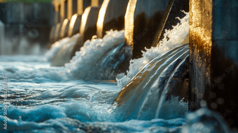 A close-up of the flowing water through a hydroelectric dam's spillway ...