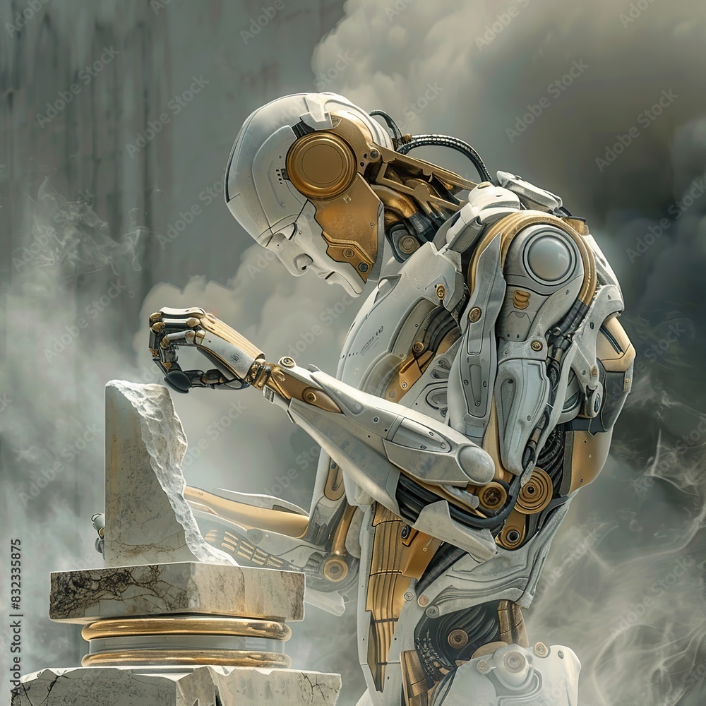 Digital illustration, 3D render hi-tech robot painting a canvas, hi ...