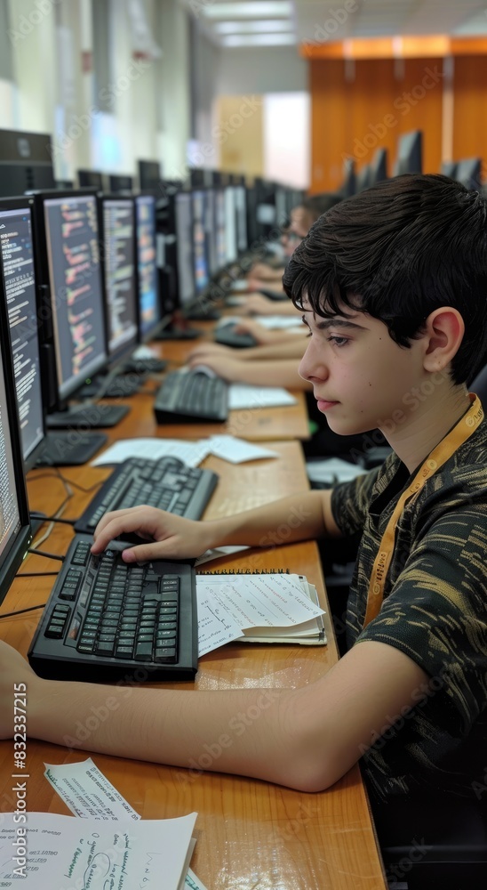 Un adolescente programando en un laboratorio de computadoras moderno ...