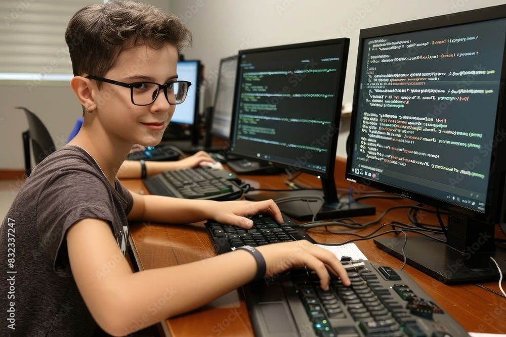 Un adolescente programando en un laboratorio de computadoras moderno ...