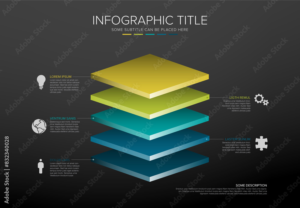 Multipurpose dark infographic template with five desk levels, icons and ...
