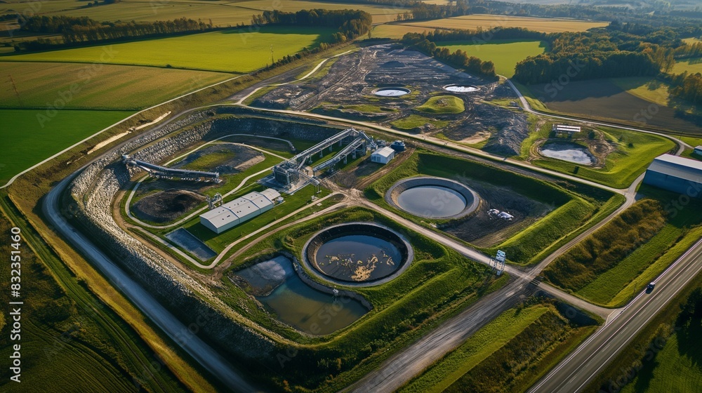 An aerial view of a modern landfill with advanced methane capture ...