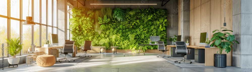 An eco-friendly office interior designed with biophilic elements ...