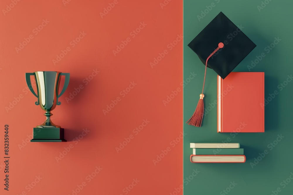 Top view flat design of a trophy next to a book, 3D render with a ...