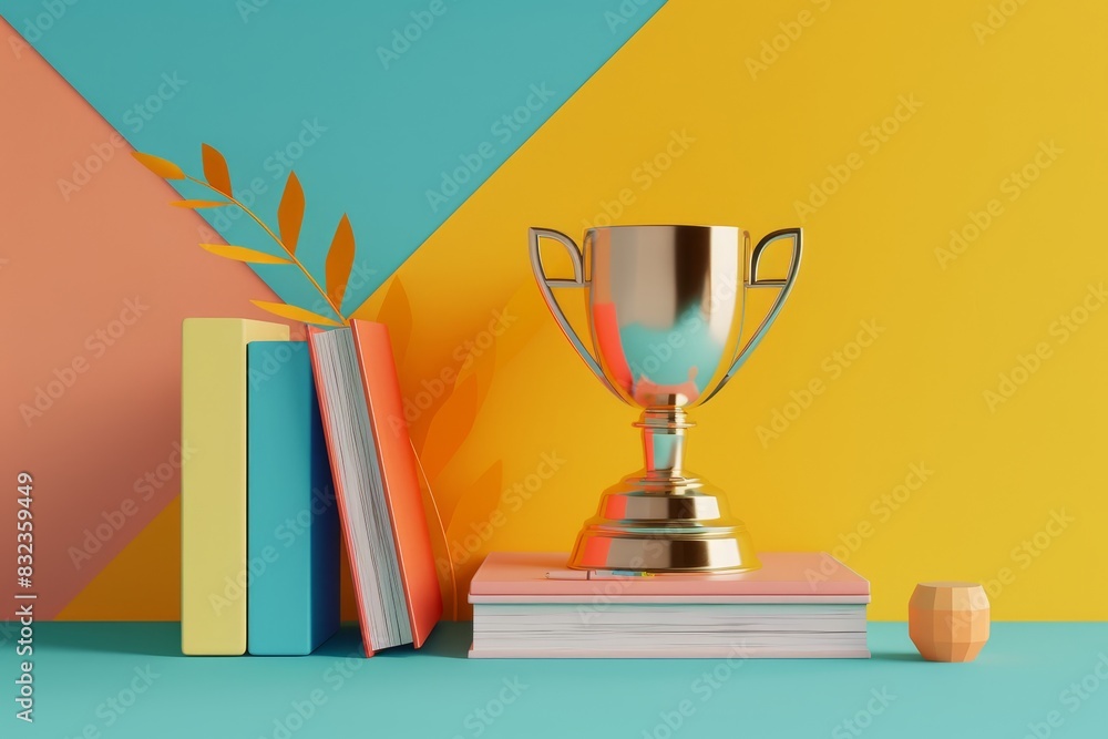 Top view flat design of a trophy next to a book, 3D render with a ...