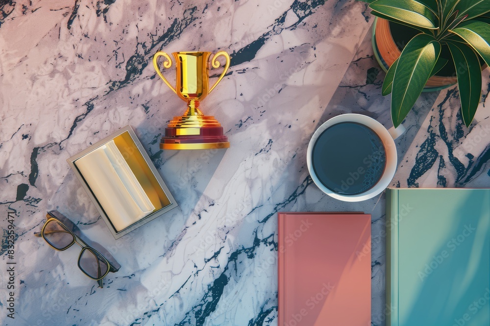 Top view flat design of a trophy next to a book, 3D render with a ...